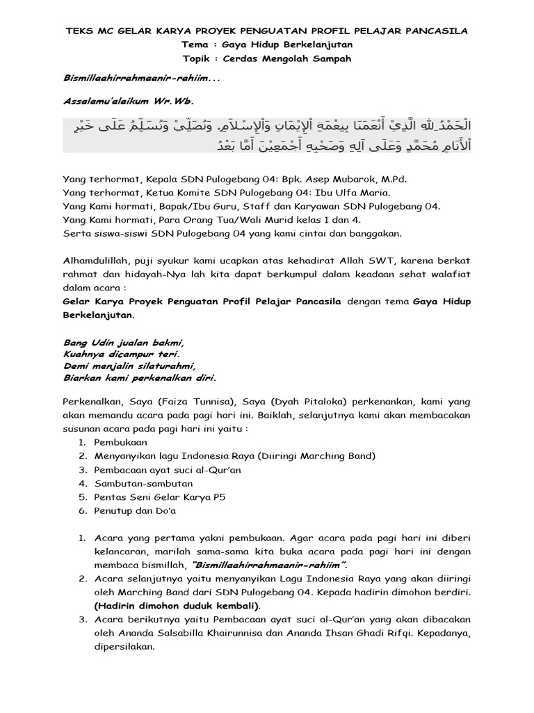 Teks MC Gelar Karya P5 | PDF