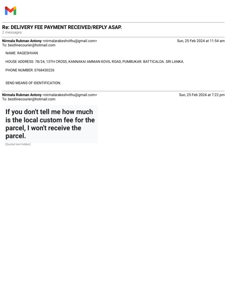 Gmail - Re - Delivery Fee Payment Received - Reply Asap | PDF