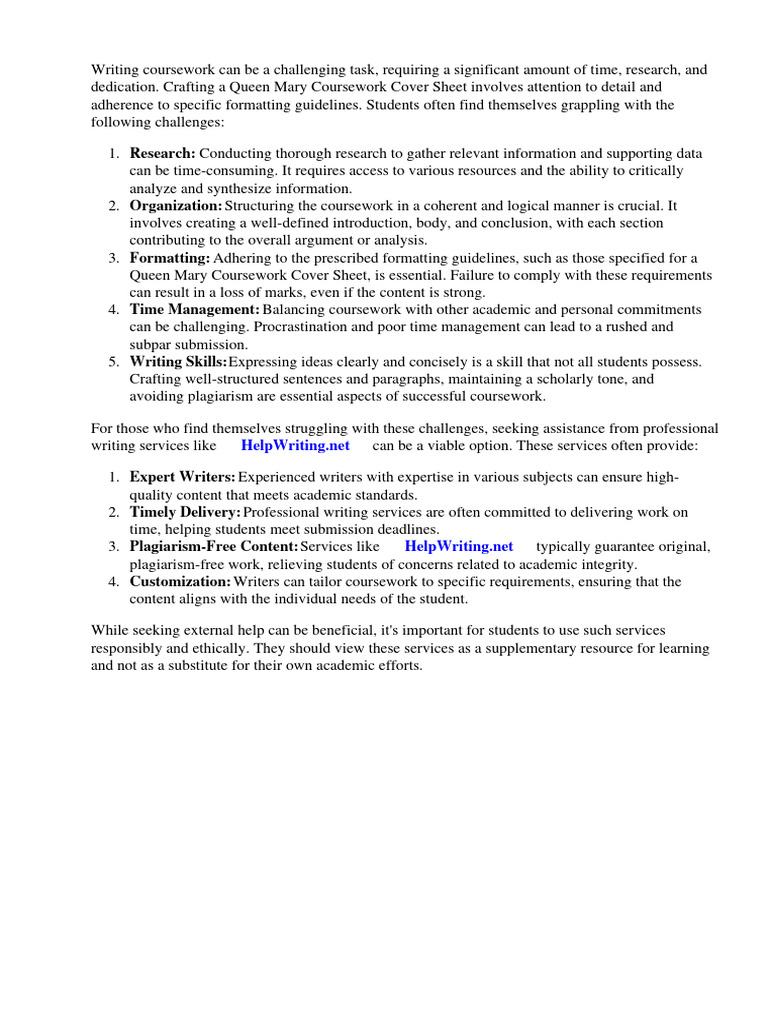 Queen Mary Coursework Cover Sheet | PDF | Early Years Foundation Stage ...