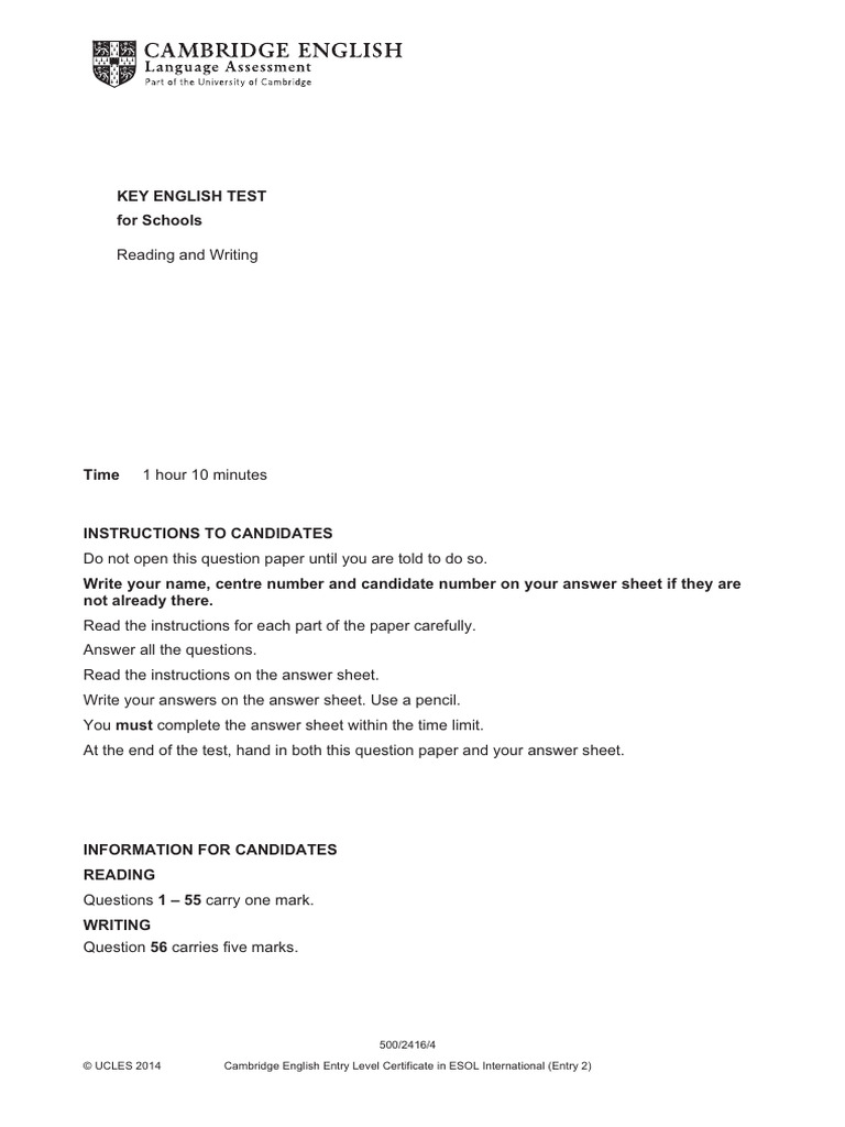 Key English Test for Schools: Reading & Writing | PDF | Tests ...