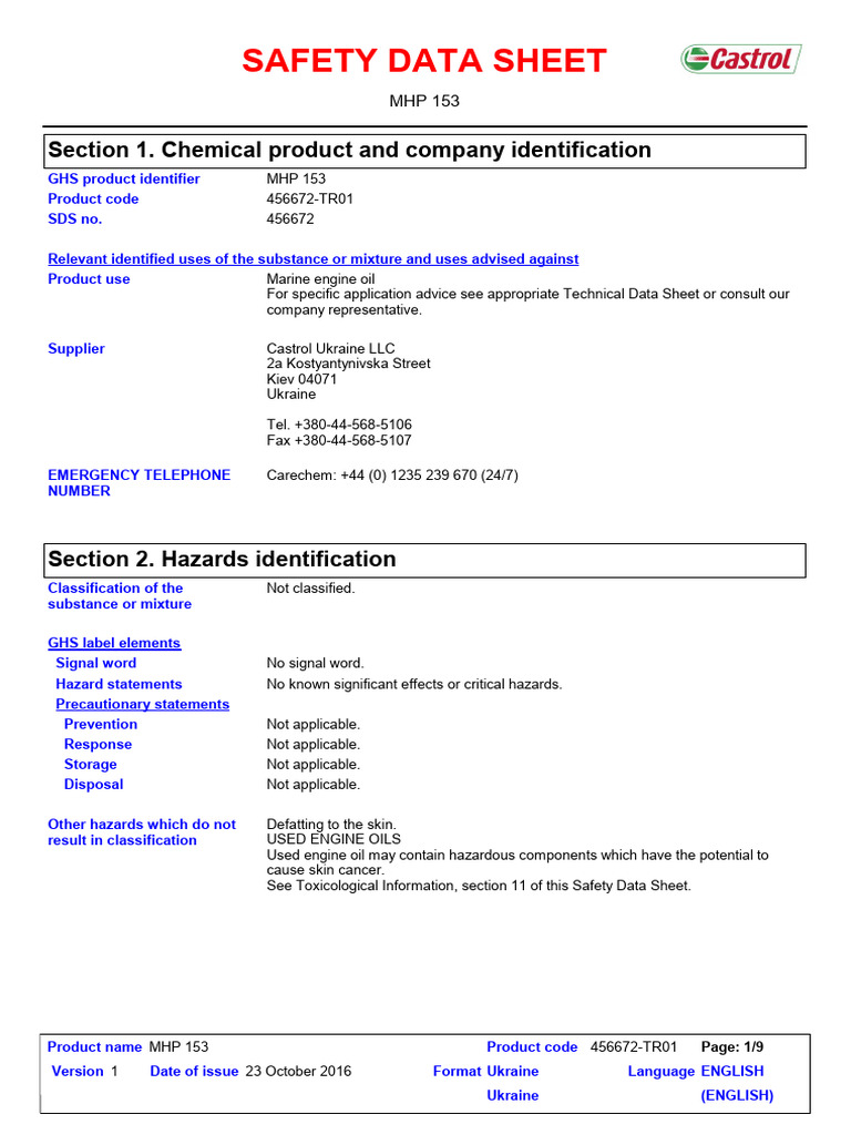 Castrol MHP 153 - SDS | PDF