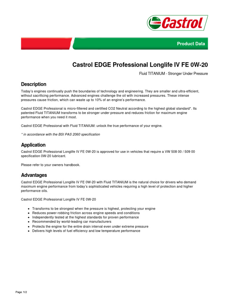 Castrol Edge Procfessional Longlife Iv Fe 0W-20 TDS | PDF