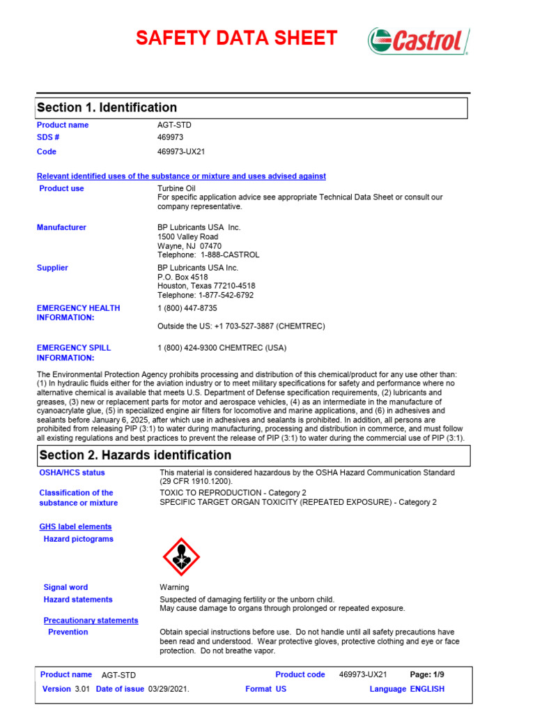 Castrol Agt-Std 208 L SDS | PDF | Personal Protective Equipment ...