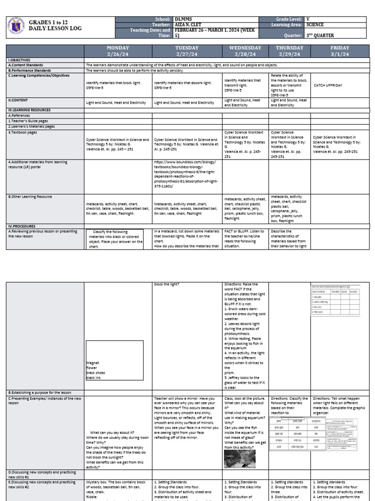 DLL - Science 5 - Q3 - W5 | PDF | Mirror | Learning