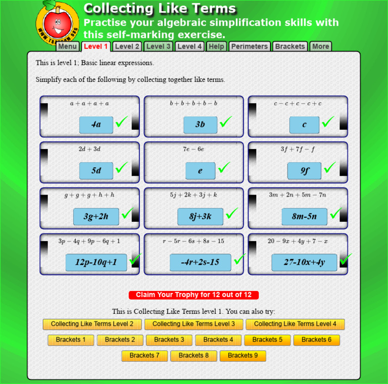 Collecting Like Terms: Level 1 Practice | PDF