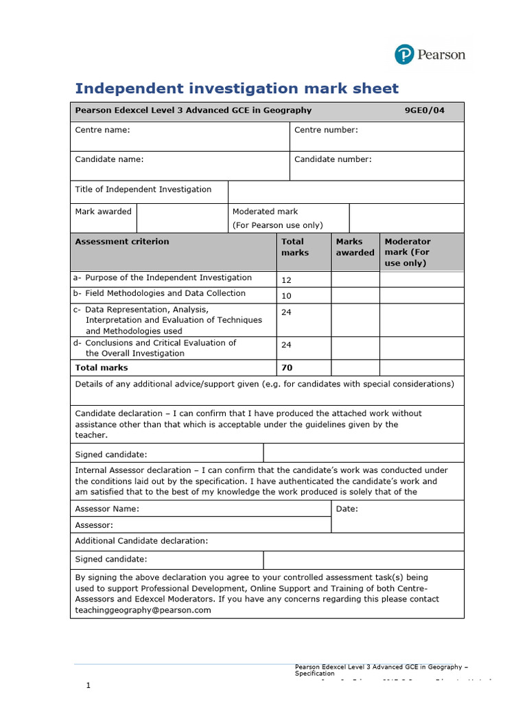 Independent Investigation Mark Sheet | PDF | Methodology | Academic ...