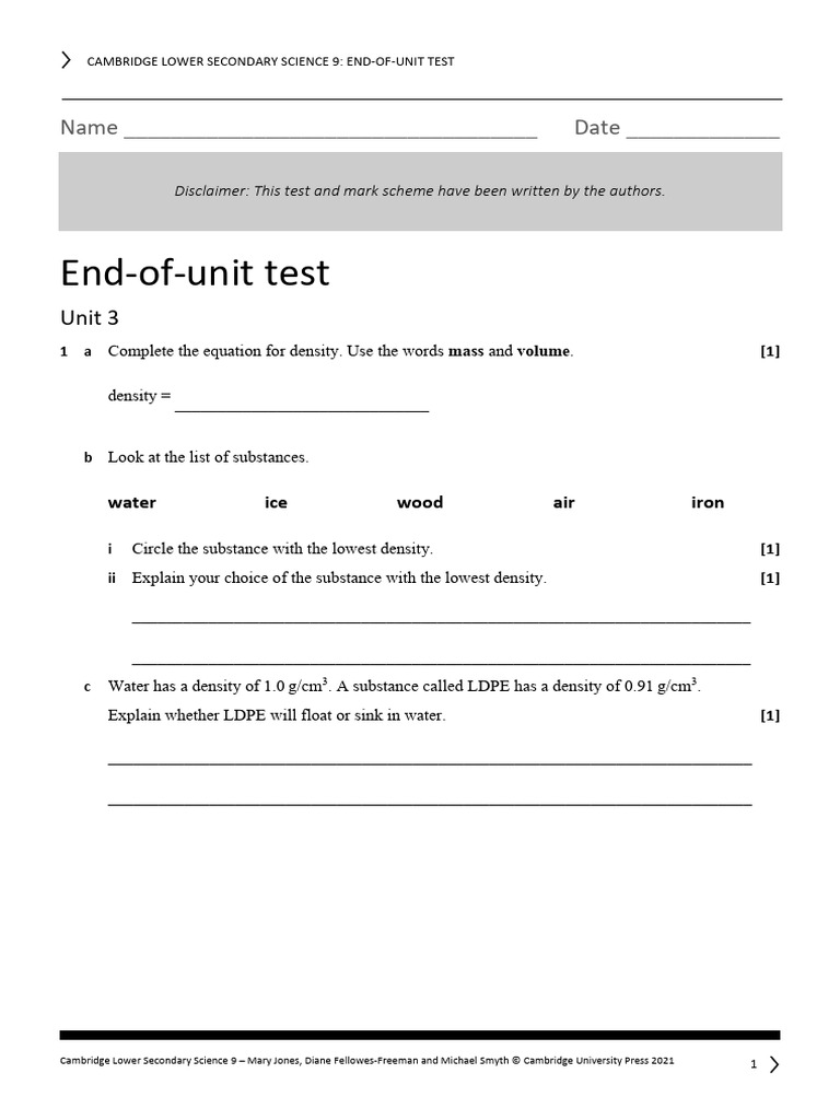 S9 End Of Unit 3 Test Pdf Density Matter