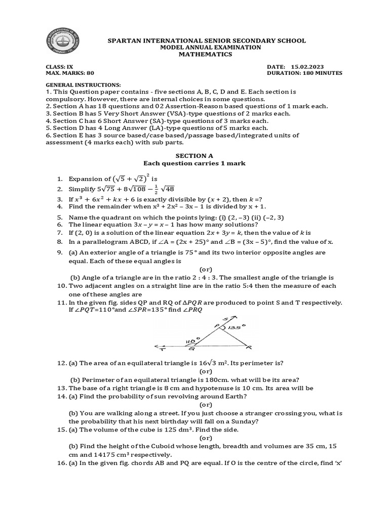 Grade - 9 Model Annual Exam - 2022 - 2023 | PDF | Circle | Area