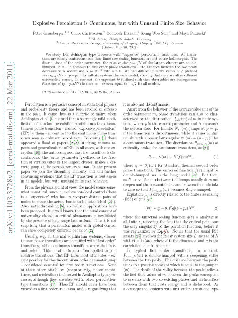Explosive Percolation Is Continuous | PDF | Phase Transition | Applied Mathematics