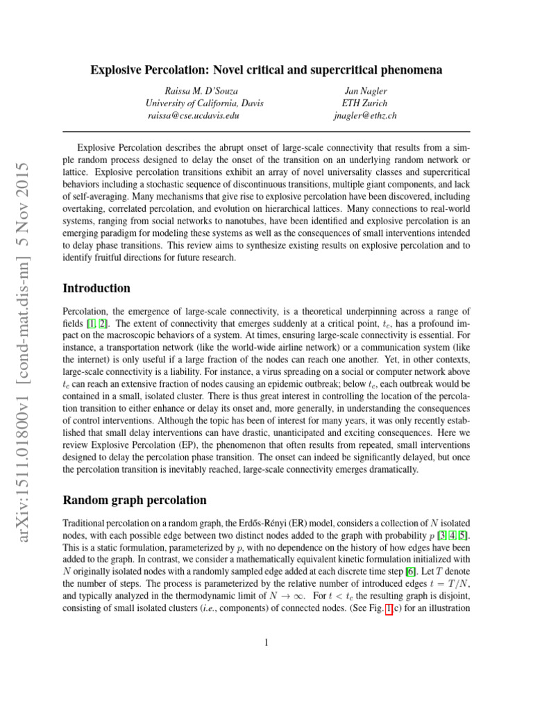 Explosive Percolation Novel Critical and Supercritical Phenomena | PDF | Phase Transition ...