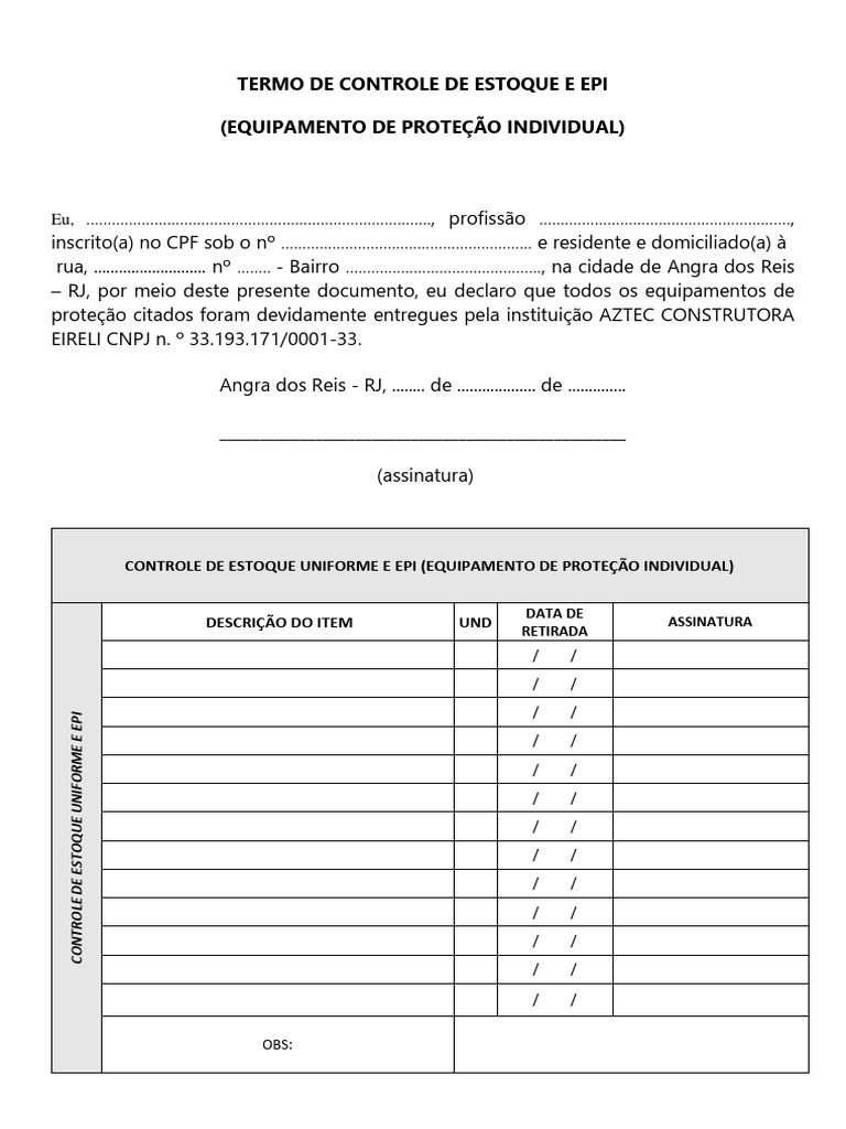Termo Controle de Estoque Uniforme e Epi | PDF