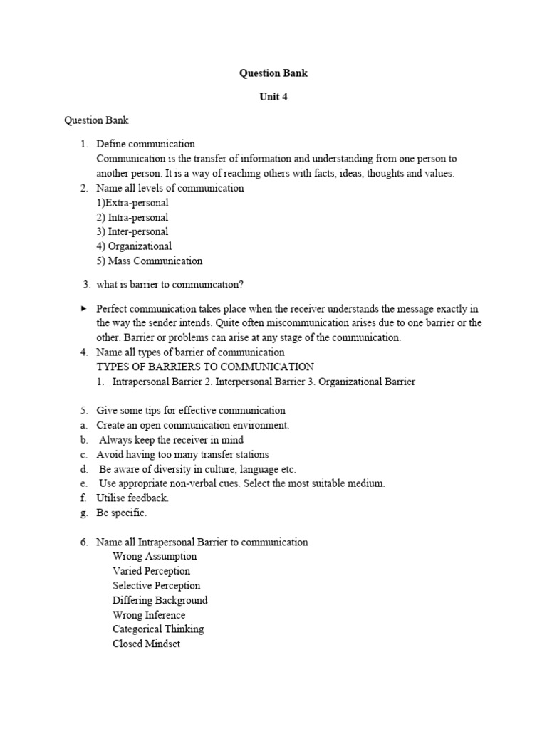 Question Bank Unit 4 | PDF | Communication | Nonverbal Communication