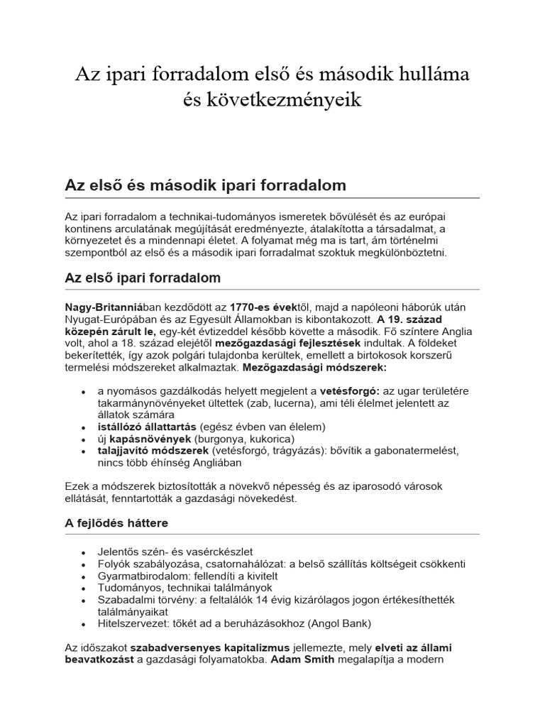 Az Ipari Forradalom Első És Második Hulláma És Következményeik | PDF