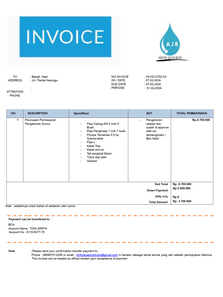 Invoice Pelunasan Sumur Bor | PDF