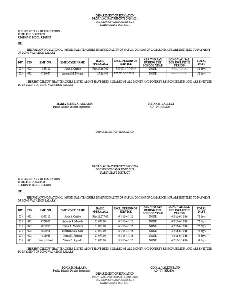 Proportional Vacation Pay for Teachers | PDF