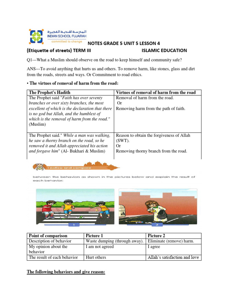 Notes Grade 5 Unit 5 Lesson 4 Term Iii (Etiquette of Streers ...
