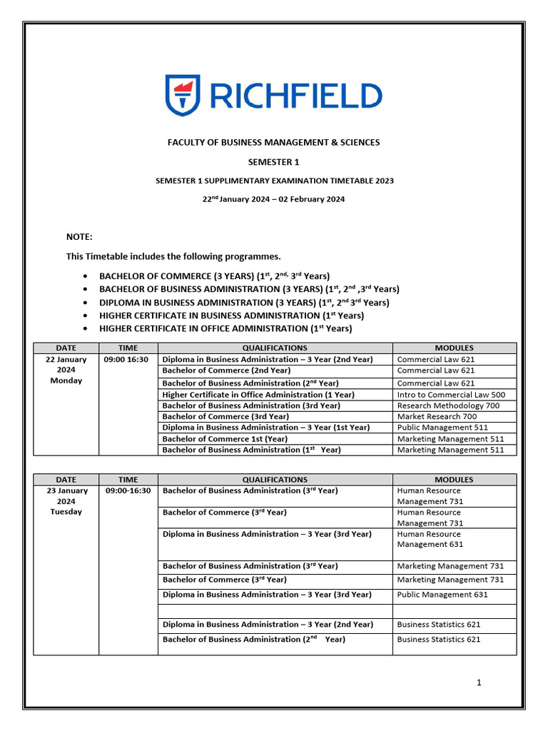 Semester 1 Supp Examinations Timetable (BMS) Distance Only | PDF ...
