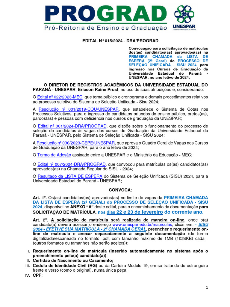 Edital Ndeg 015 2024 Dra Prograd Convocacao para Matriculas Dos ...