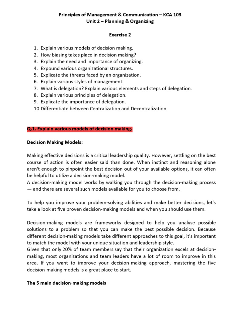 PMC Unit 2 Exercise 2 | PDF | Decision Making | Organizational Structure