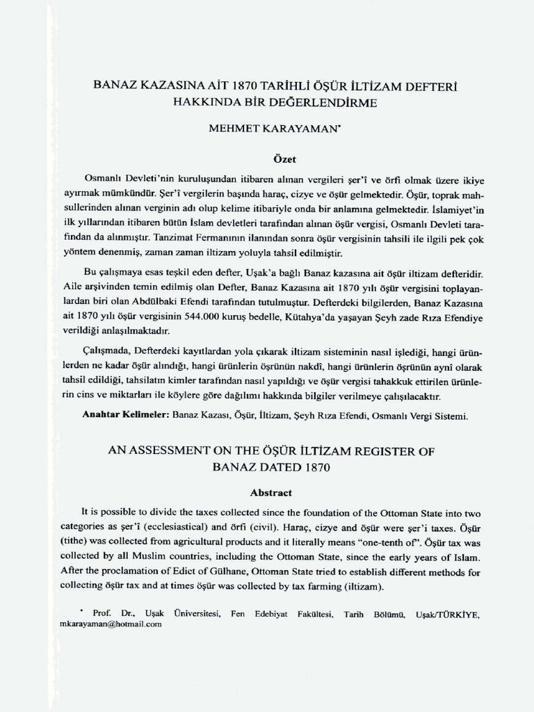 Banaz Kazasina Ait 1870 Tarihli Ö Ür LT Zam Defteri Hakk Nda B R de Erlendirme Karayaman | PDF