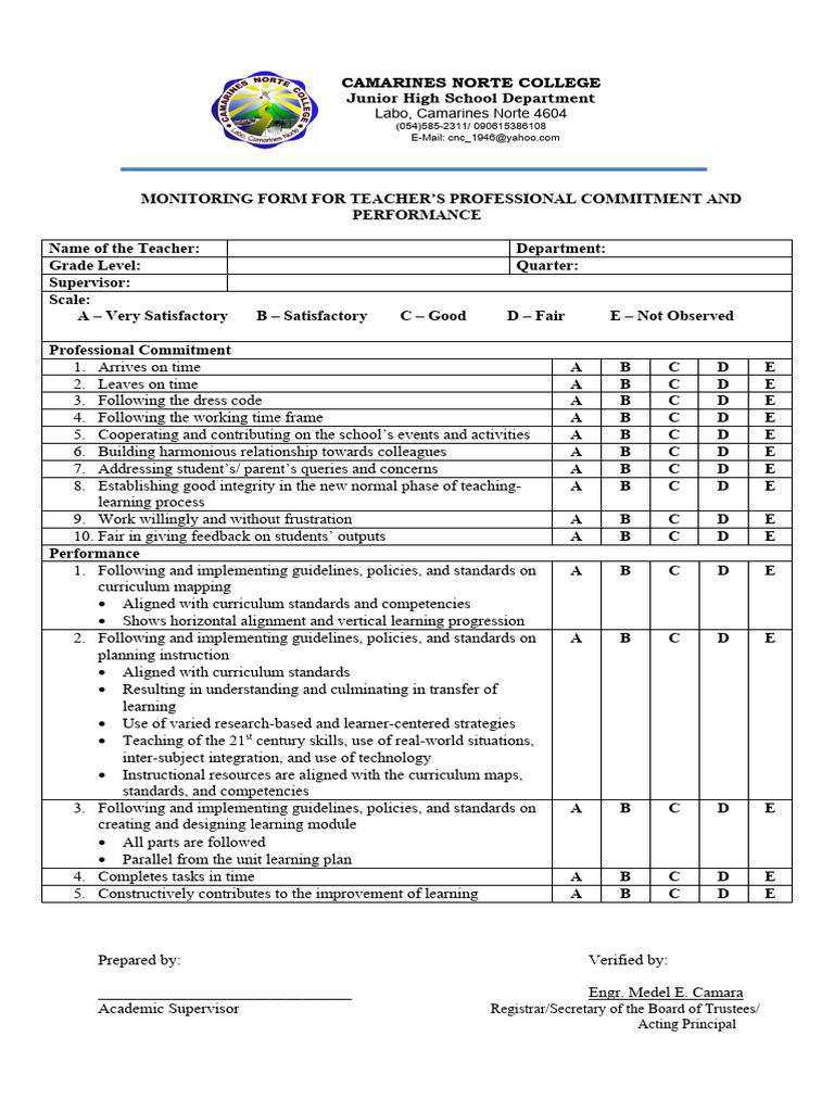 Monitoring Form For Teacher's Professional Commitment and Performance ...