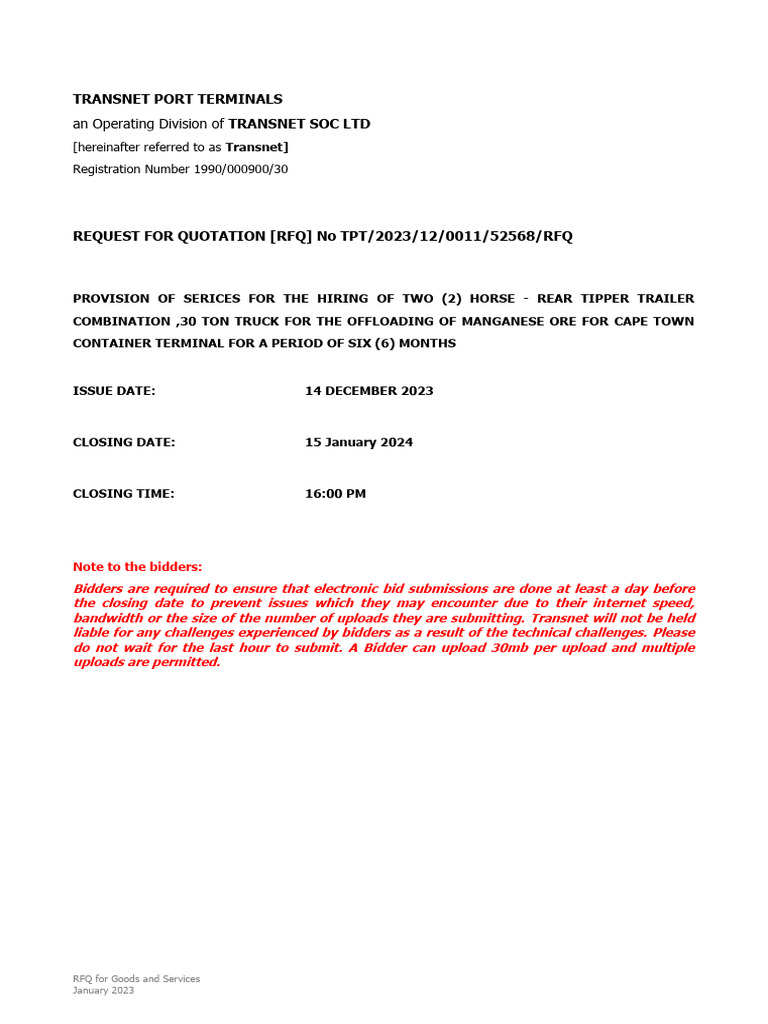 Request For Quotation - Hire of Tipper Truck | PDF | Taxes | Security ...