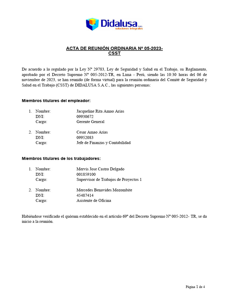 Acta de Reunión CSST 05-2023-2025 | PDF