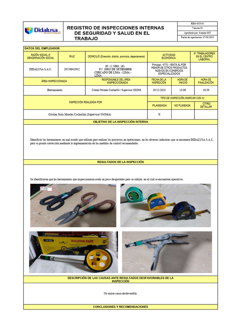 2023.08.11 - Informe de Inspección Interna Herramientas | PDF