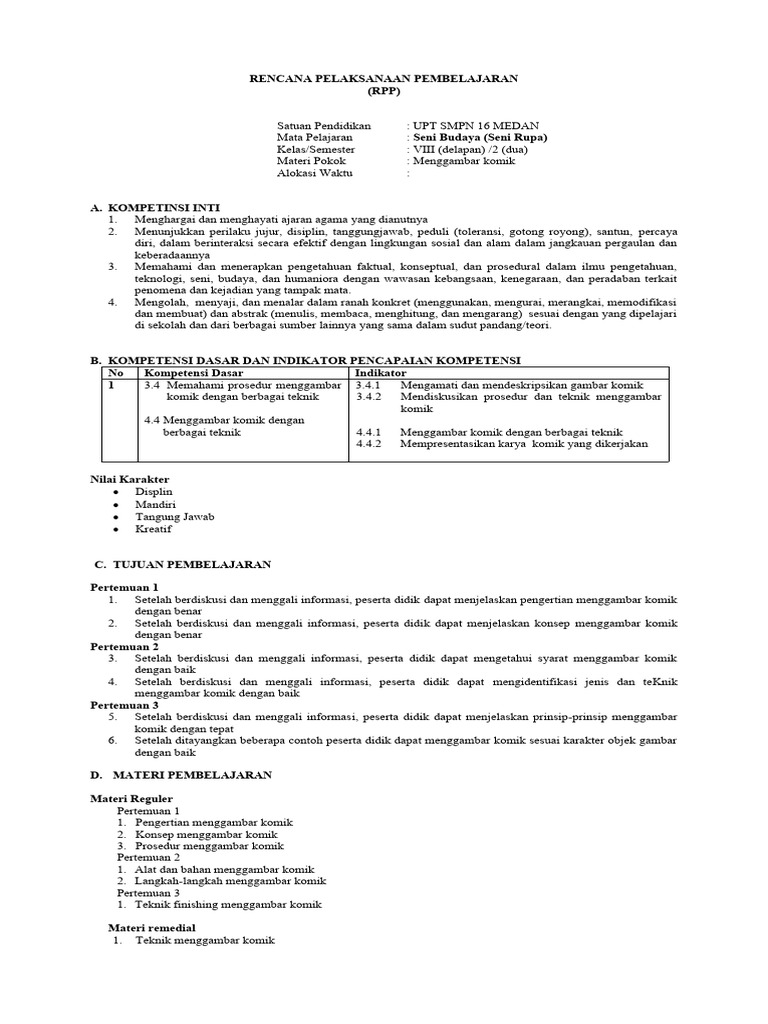 RPP KELAS VIII SENI RUPA Menggambar Komik | PDF