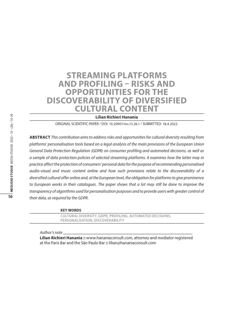 Streaming Platforms and Profiling - Risks and Opportunities For The Discoverability of ...