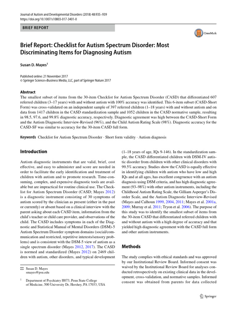 CASD Short Form for Autism Diagnosis | PDF | Autism Spectrum ...