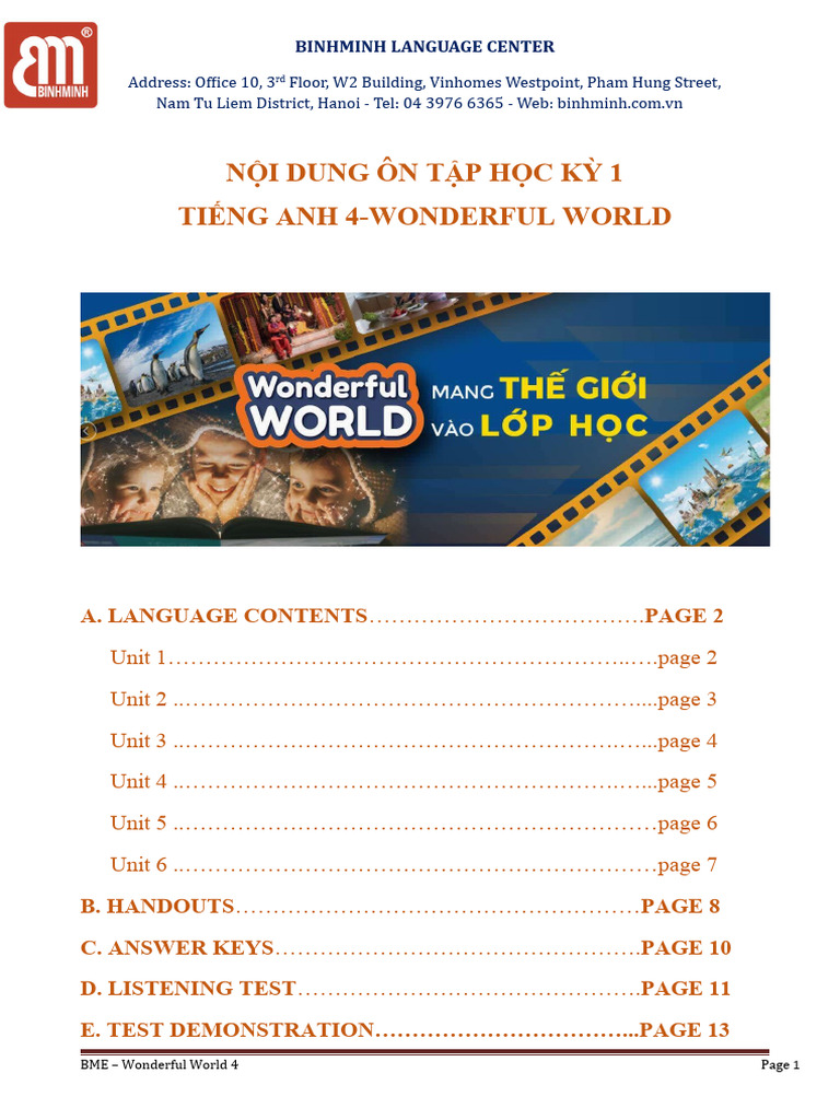 Nội dung kiến thức ôn tập học kỳ 1 TA4- WW4 | PDF