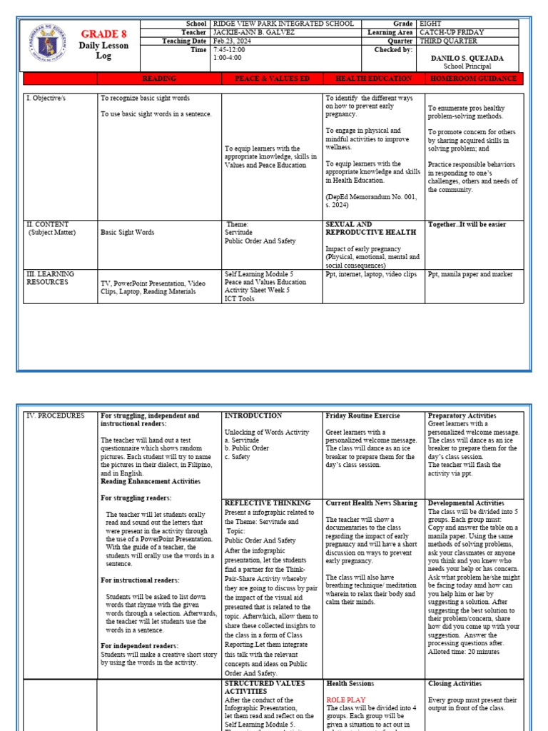 Grade 8 Health & Values Education Plan | PDF | Learning | Health Education