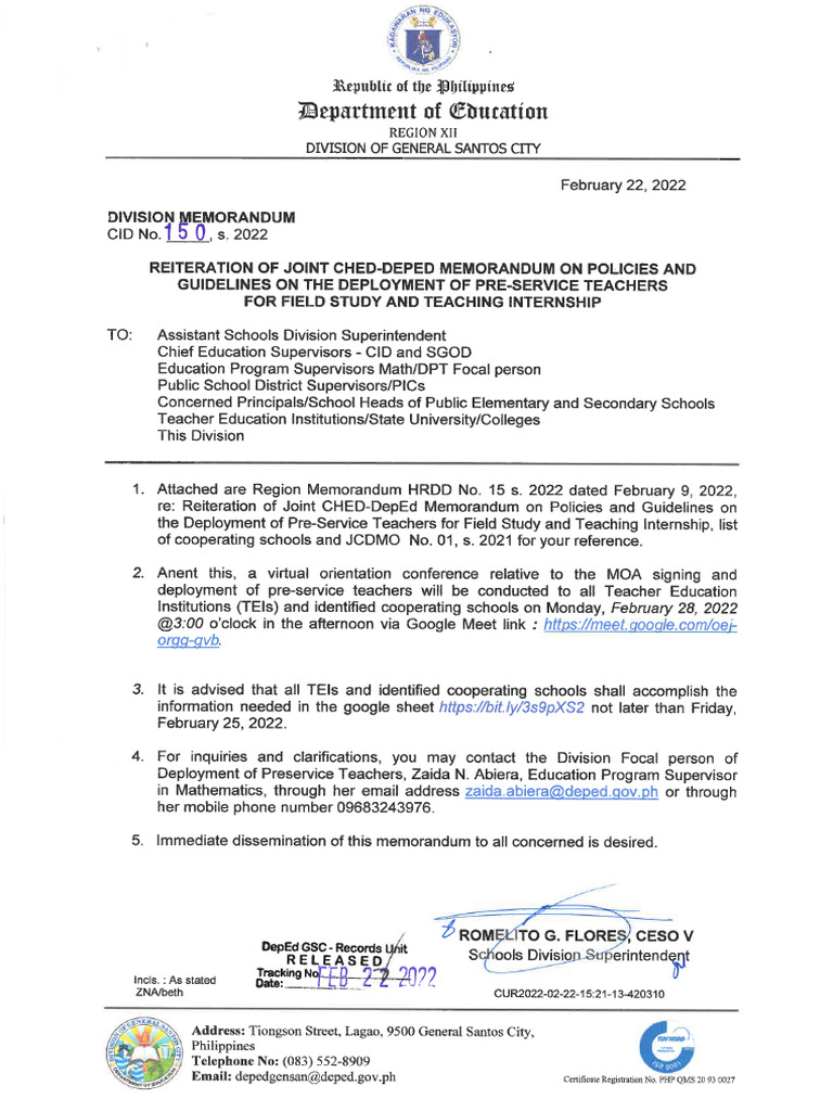 Division Memo 150 s.2022 Reiteration of Joint Ched Deped Memorandum On ...