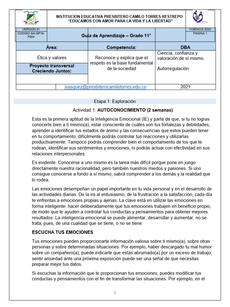 Guía Etica 11 Pdf Las Emociones Inteligencia Emocional