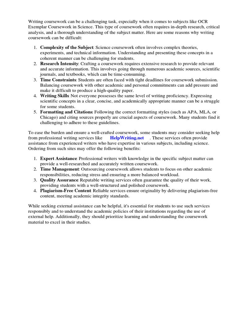 Ocr Exemplar Coursework Science Pdf