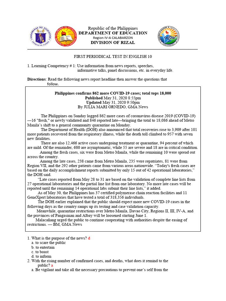 English 10 Periodical Test: COVID-19 Insights | PDF | Orpheus | Hades
