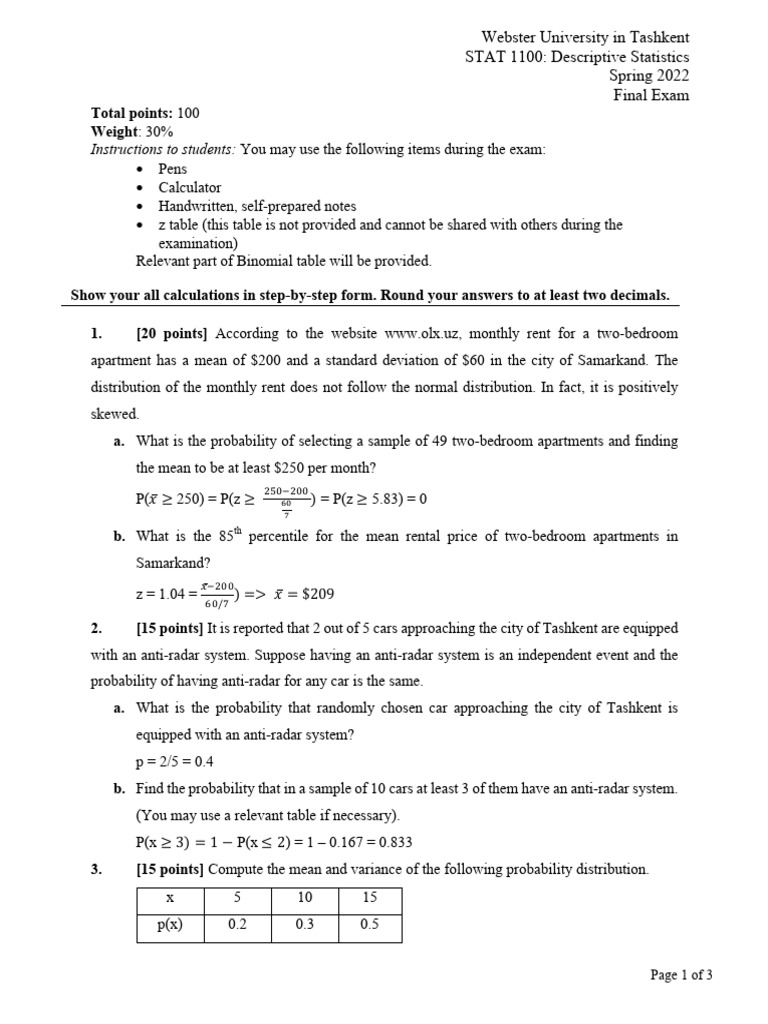 Final Mock Exam Solutions | PDF | Mean | Normal Distribution