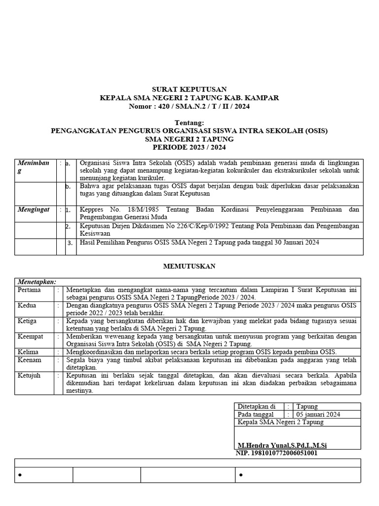 Contoh SK Pengurus Osis | PDF