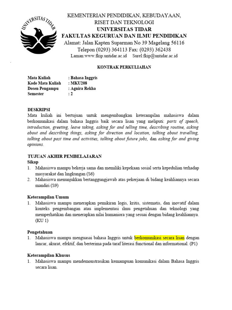 Kontrak Perkuliahan MKU - 2022 Revisi 26 Agustus | PDF