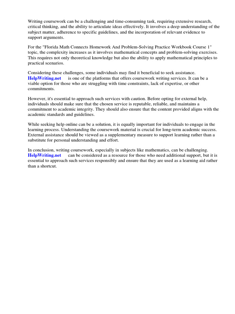 Florida Math Connects Homework and Problem-Solving Practice Workbook Course 1 | PDF ...