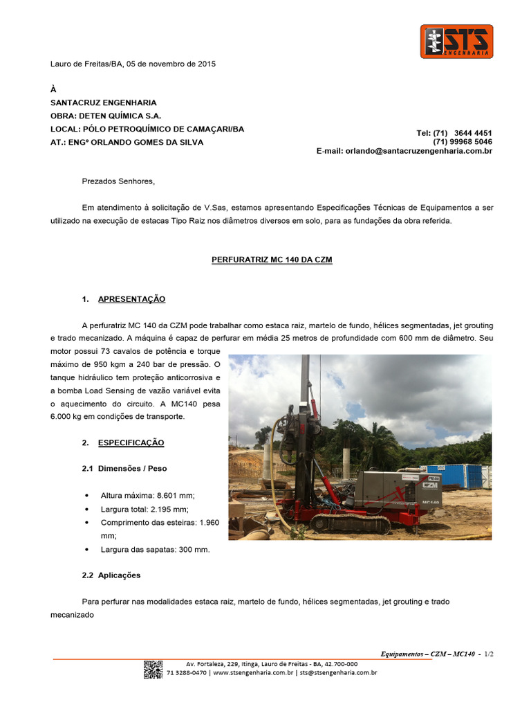 Especificações da Perfuratriz MC 140 | PDF | Ciências Físicas ...
