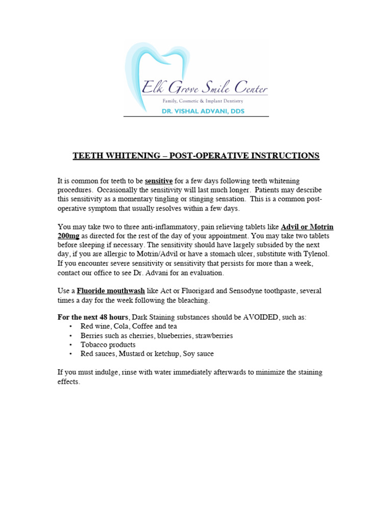 Post-Op Instructions for Teeth Whitening | PDF