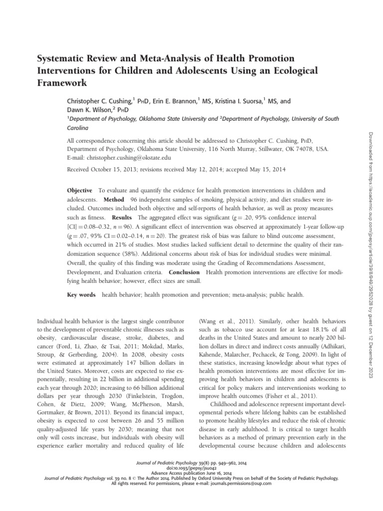 Systematic Review and Meta-Analysis of Health Promotion Interventions For Children and ...