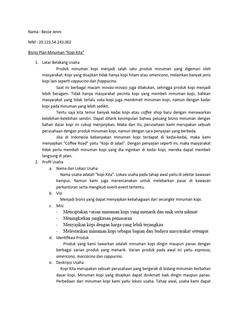 Tugas Bisnis Plan Besse Jenni | PDF