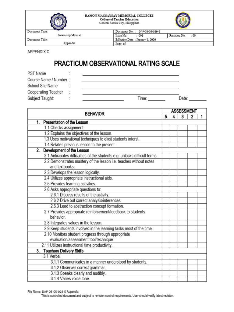 Appendix C Practicum Observational Rating Scale | PDF | Teachers | Learning