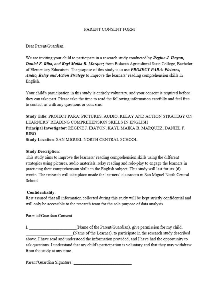 Parent Consent Form | PDF | Reading Comprehension | Cognition