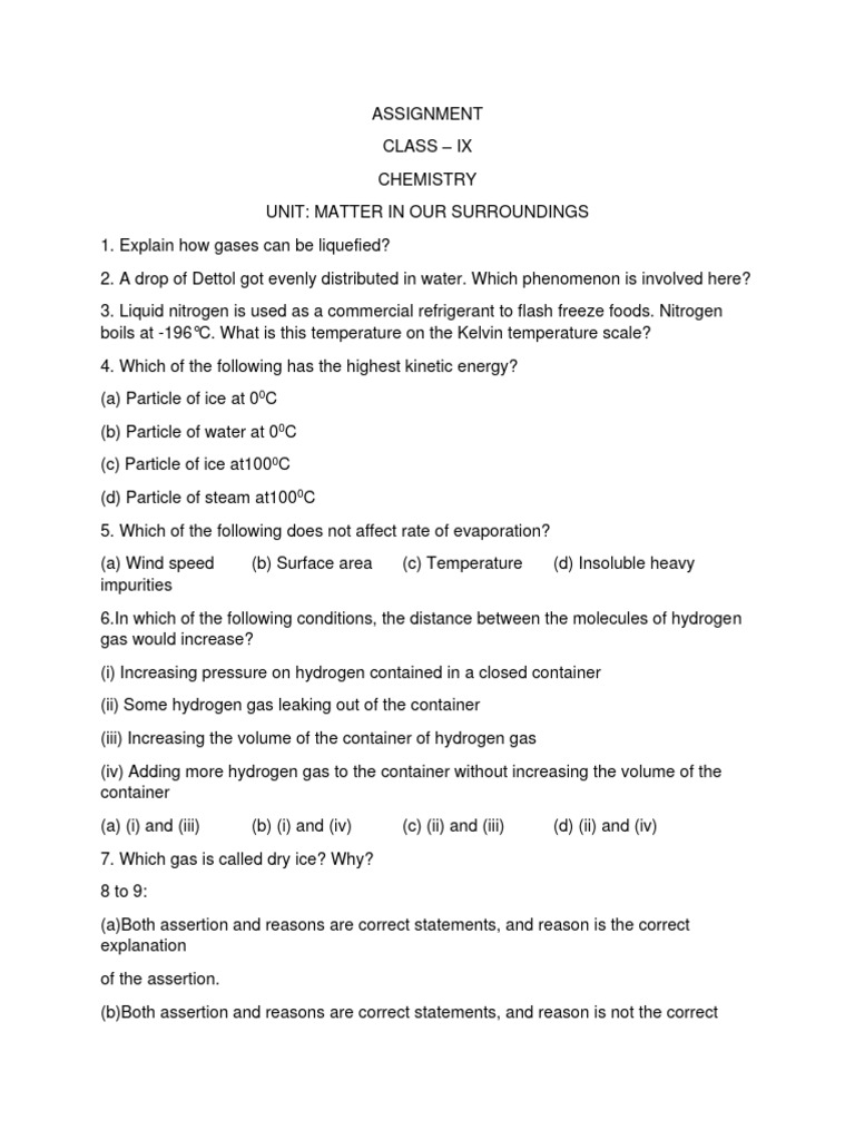 Class-9, L-1, Chemistry Assignment | PDF | Gases | Evaporation