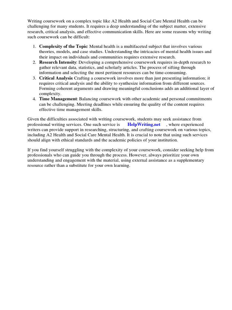 A2 Health and Social Care Mental Health Coursework | PDF