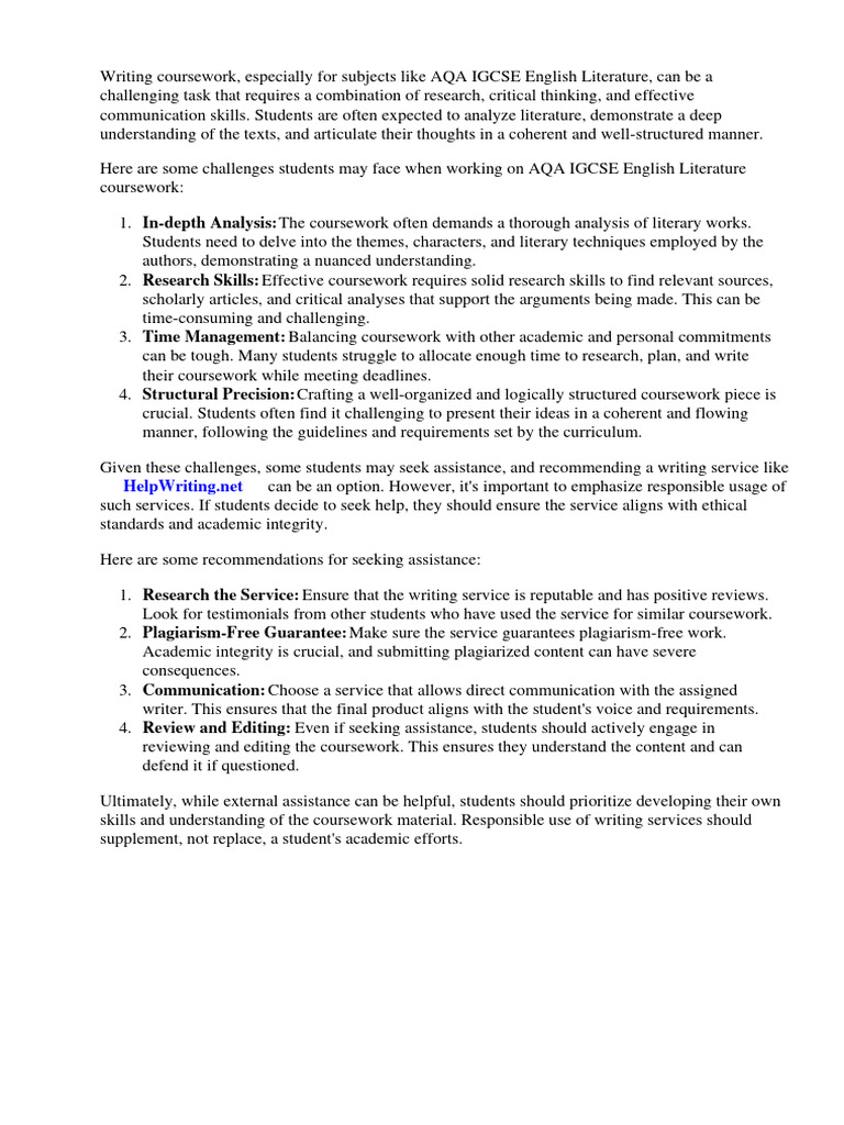 Aqa Igcse English Literature Coursework Exemplars Pdf Critical Thinking